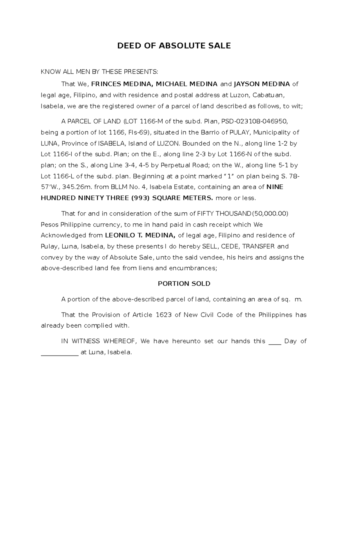 DEED OF Absolute SALE T-221431 - DEED OF ABSOLUTE SALE KNOW ALL MEN BY THESE PRESENTS: That We ...