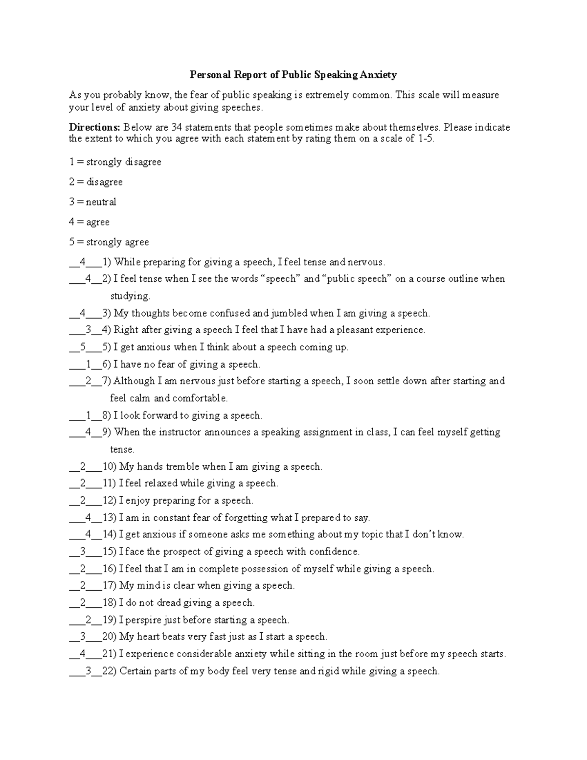 Prpsa - Work - Personal Report of Public Speaking Anxiety As you ...