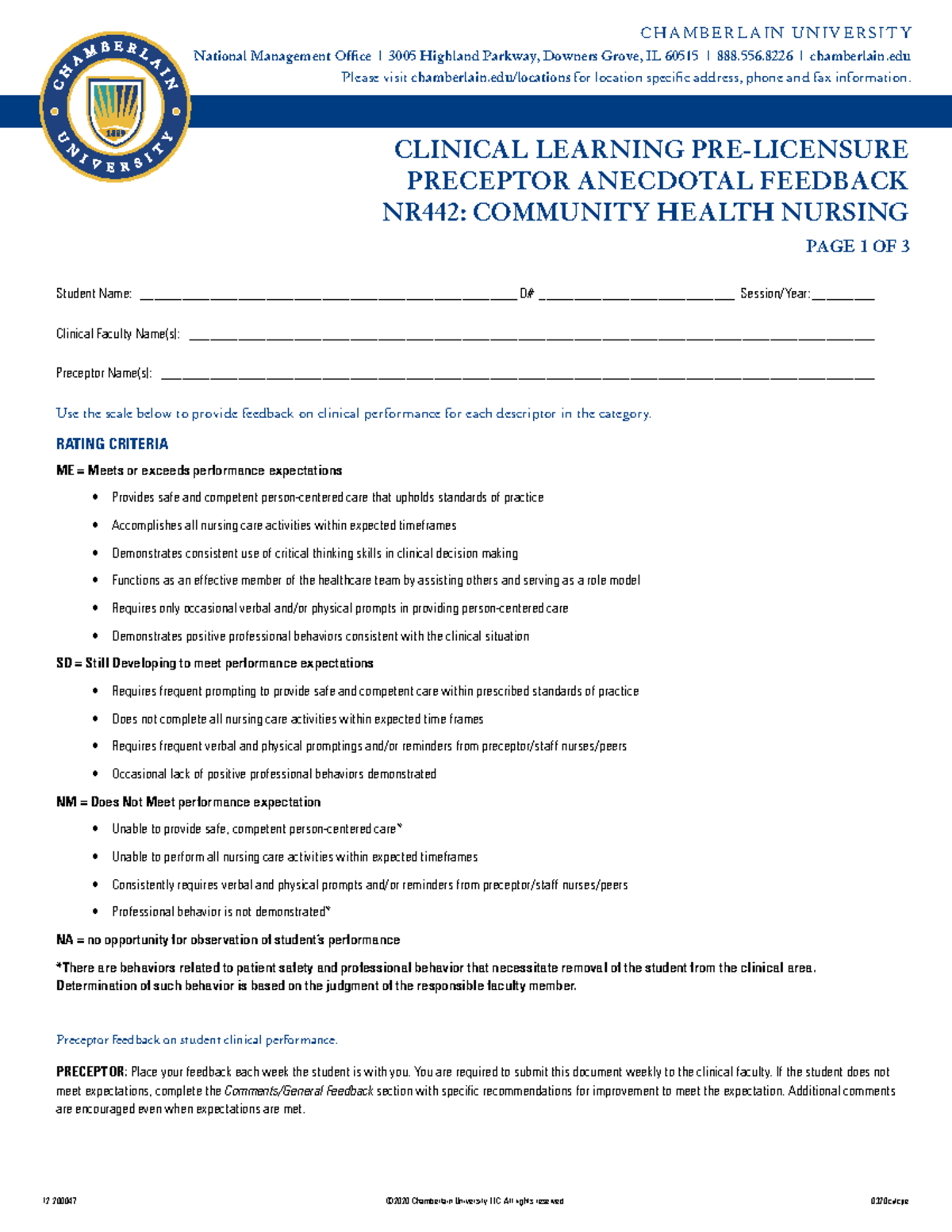 NR442 PL Preceptor Anecdotal Form - 12-200047 ©2020 Chamberlain ...