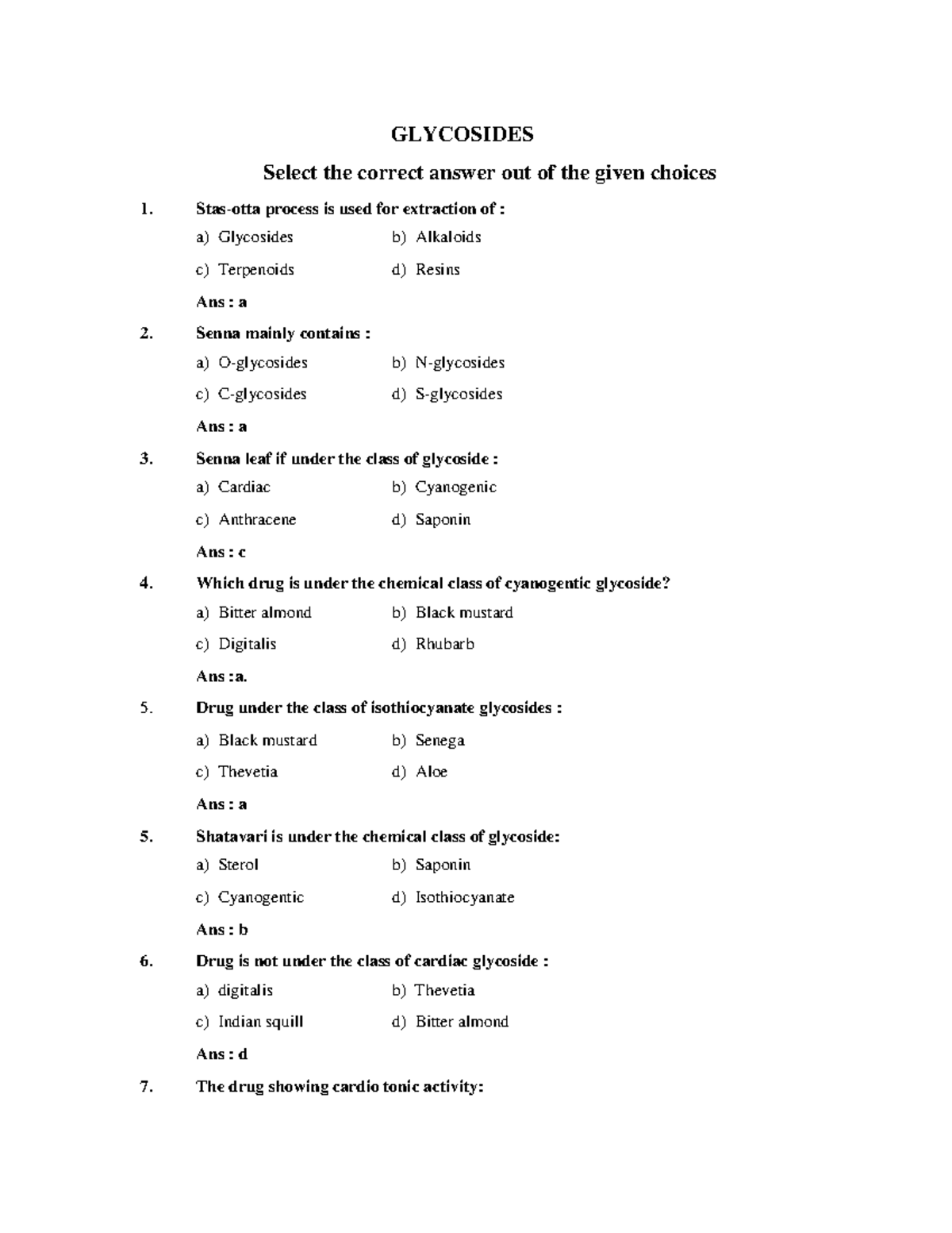 MCQs (Glycosides) - nill - GLYCOSIDES Select the correct answer out of ...