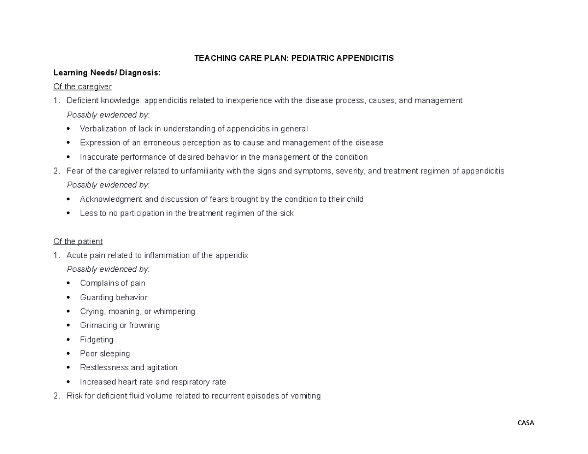 Appendicitis TCP - TEACHING CARE PLAN: PEDIATRIC APPENDICITIS Learning Needs/ Diagnosis: Of the ...