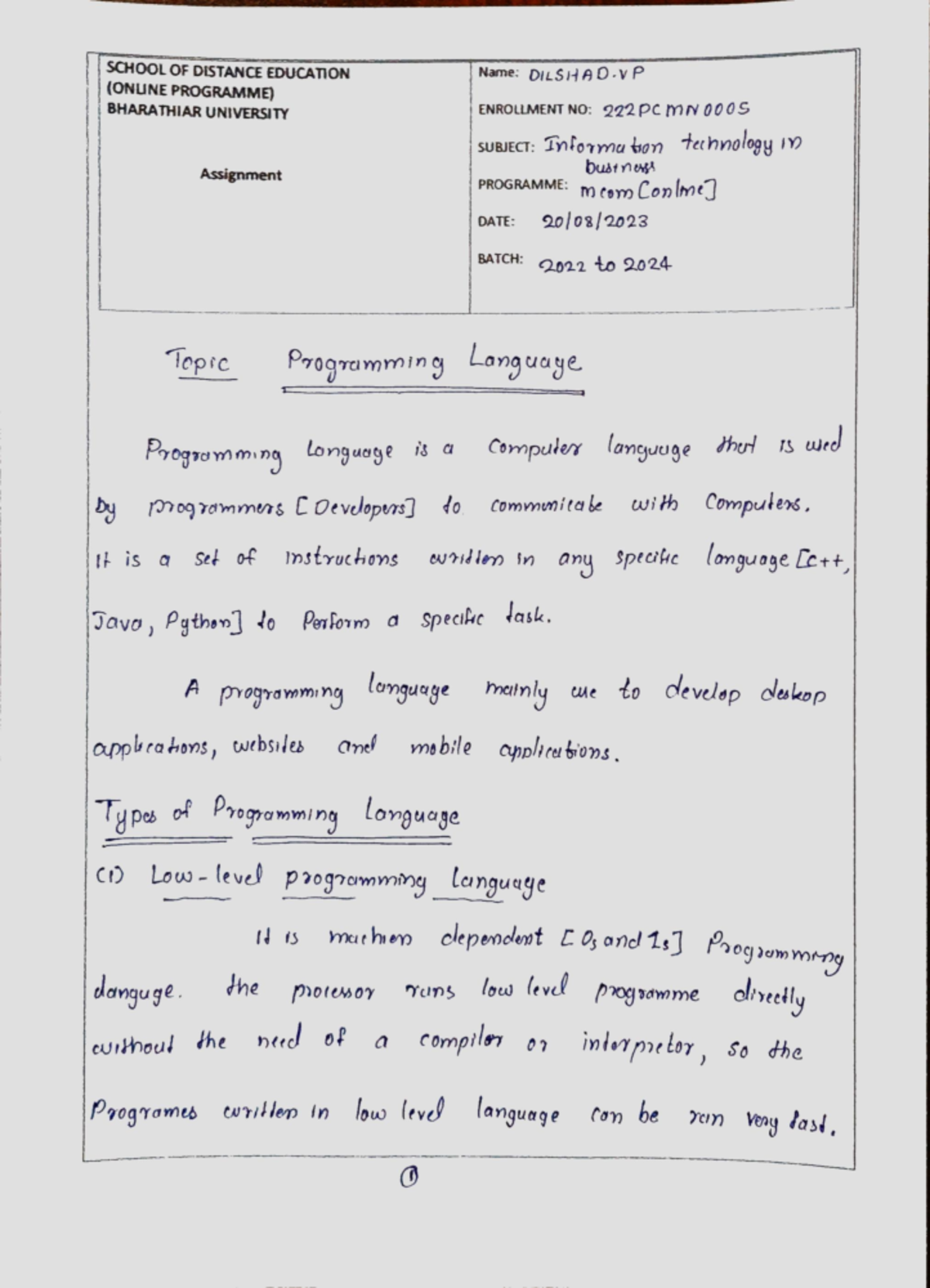 Programming Language IT - Master of commerce - Studocu
