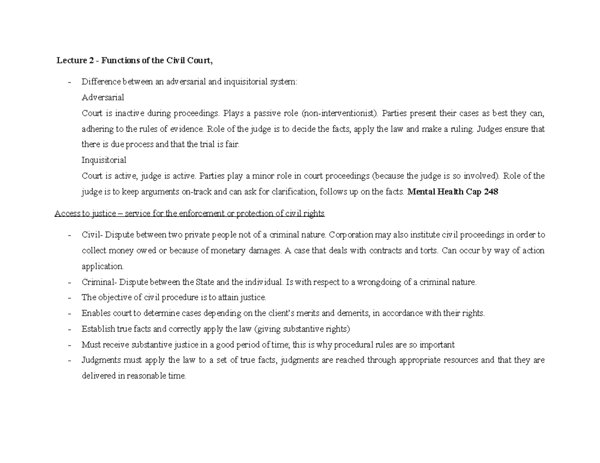 civil procedure notes - Lecture 2 - Functions of the Civil Court ...