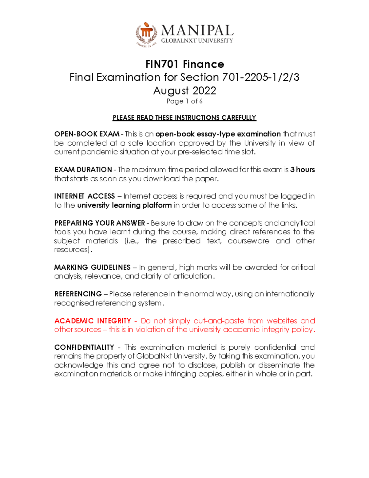 Final Exam FIN701-2205 - Final Examination for Section 701-2205-1/2 ...