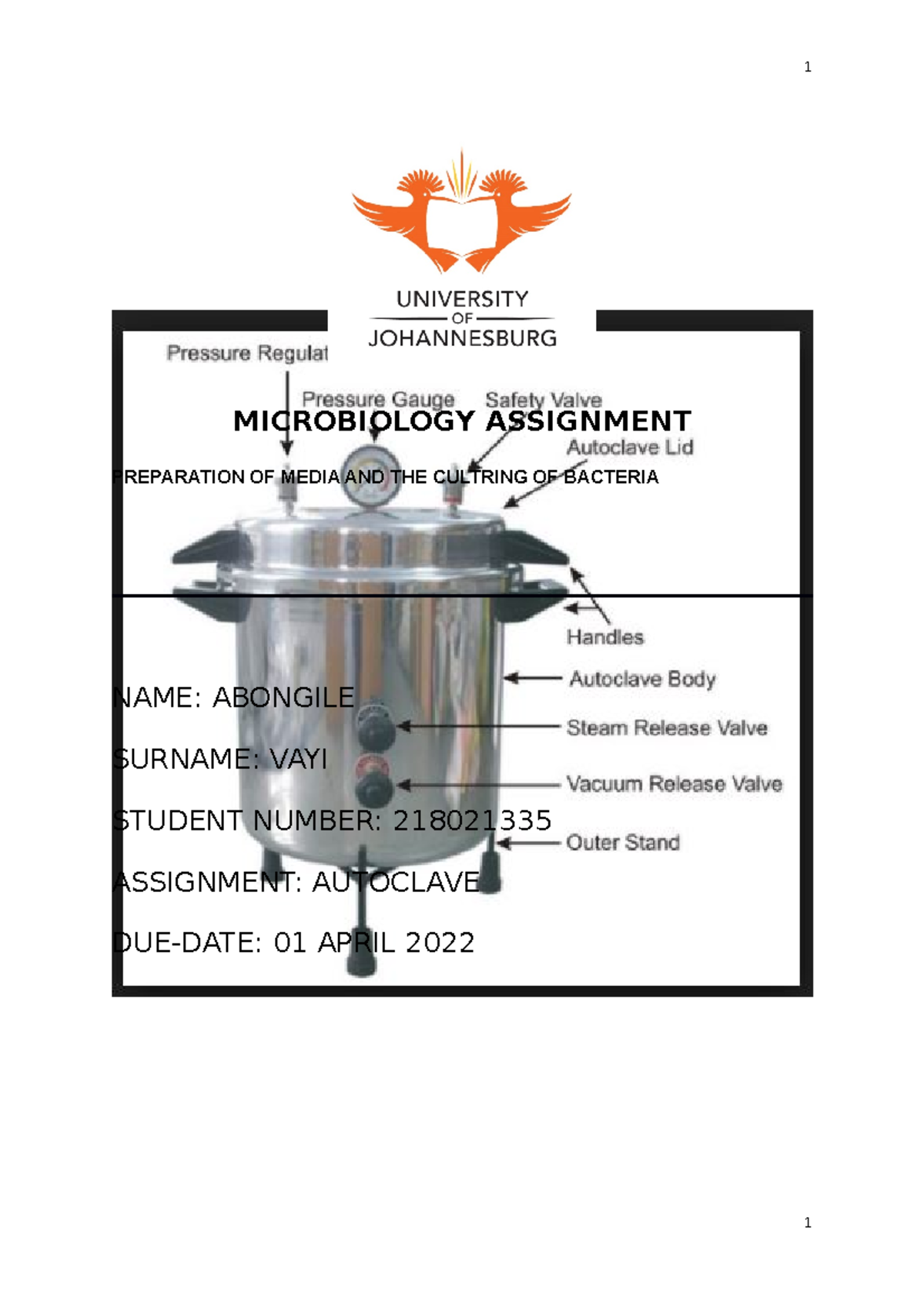 Cover PAGE - MICROBIOLOGY ASSIGNMENT PREPARATION OF MEDIA AND THE ...