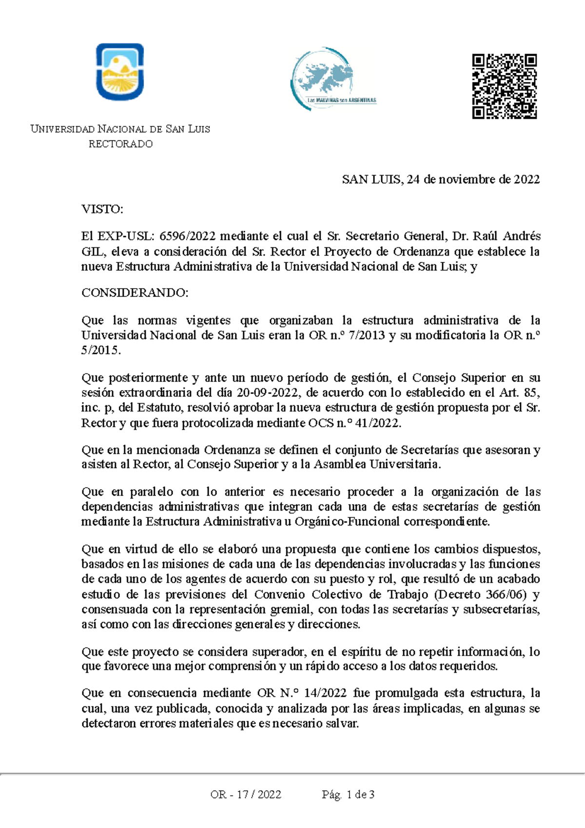 OR 17-22 Estructura Administrativa - RECTORADO OR - 17 / 2022 Pág. 1 de 3 SAN LUIS, 24 de ...