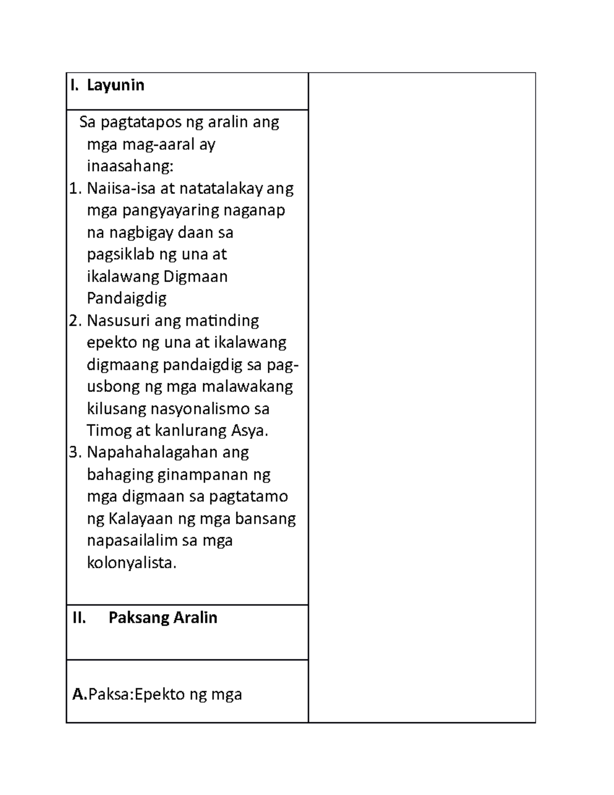 Layunin - I. Layunin Sa pagtatapos ng aralin ang mga mag-aaral ay inaasahang: Naiisa-isa at ...