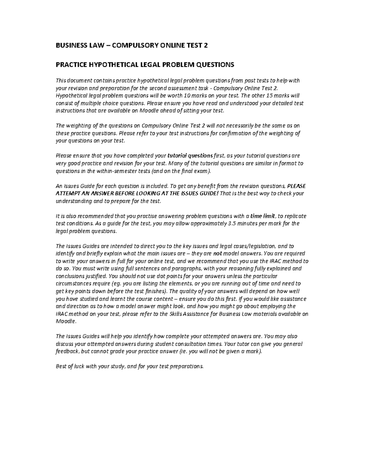 Test 2 - practice problem questions - BUSINESS LAW 3 COMPULSORY ONLINE ...