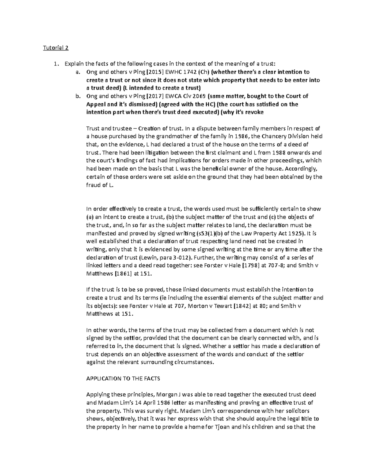 Tutorial 2; Equity & Trust - Tutorial 2 Explain the facts of the ...