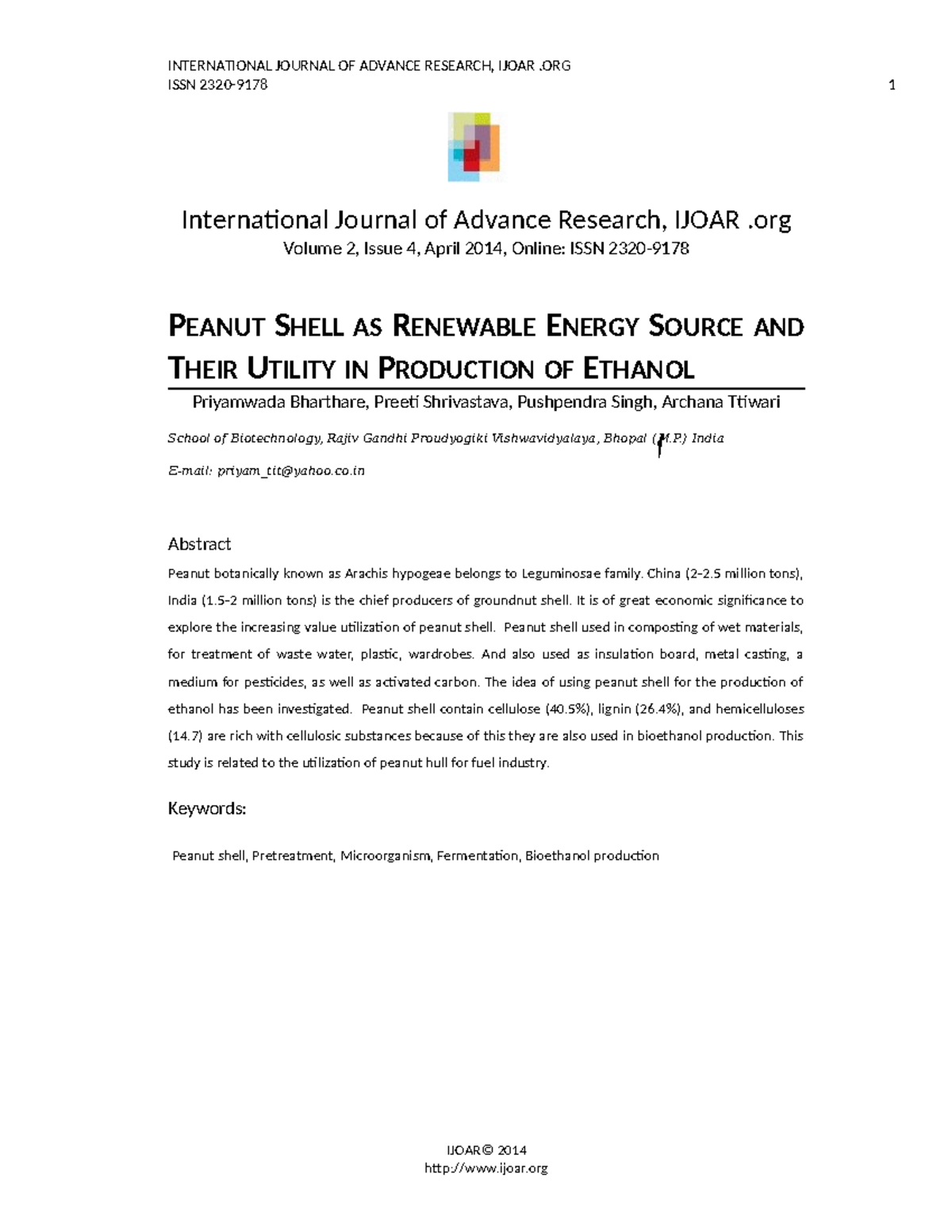 Peanut Shell as Renewable Energy Source - ISSN 2320-9178 1 ...