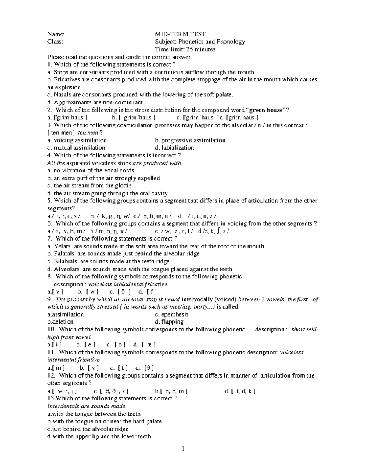 Phono mid-term test - gjtg - 1 Name: MID-TERM TEST Class: Subject ...