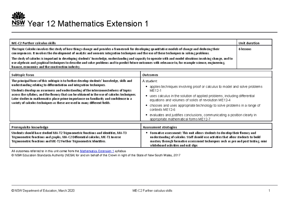 Me c2 further calculus skills - Year 12 Mathematics Extension 1 ME-C2 ...