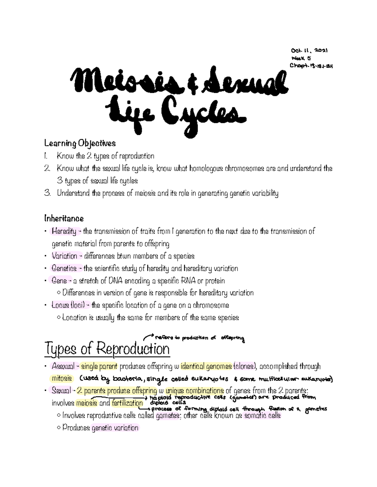 Week 5 - BIOL 102 Meiosis and Sexual Life Cycles - Learning Objectives ...