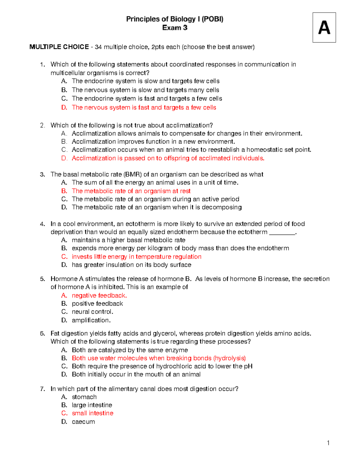 Exam 3A - KEY - Midterm 3 form A key - MULTIPLE CHOICE - 34 multiple ...