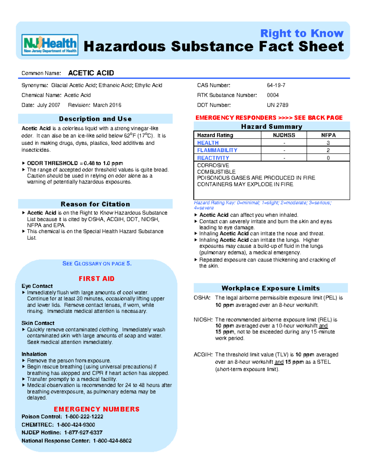 Acetic acid 2 - info - Right to Know Hazardous Substance Fact Sheet ...