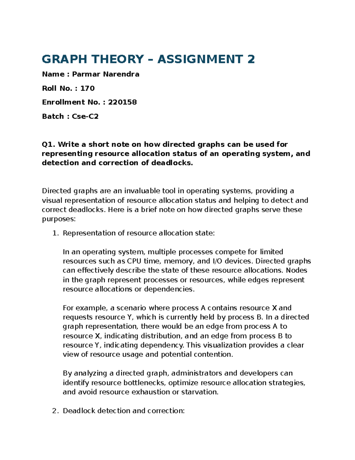 Document - GRAPH THEORY – ASSIGNMENT 2 Name : Parmar Narendra Roll No. : 170 Enrollment No ...
