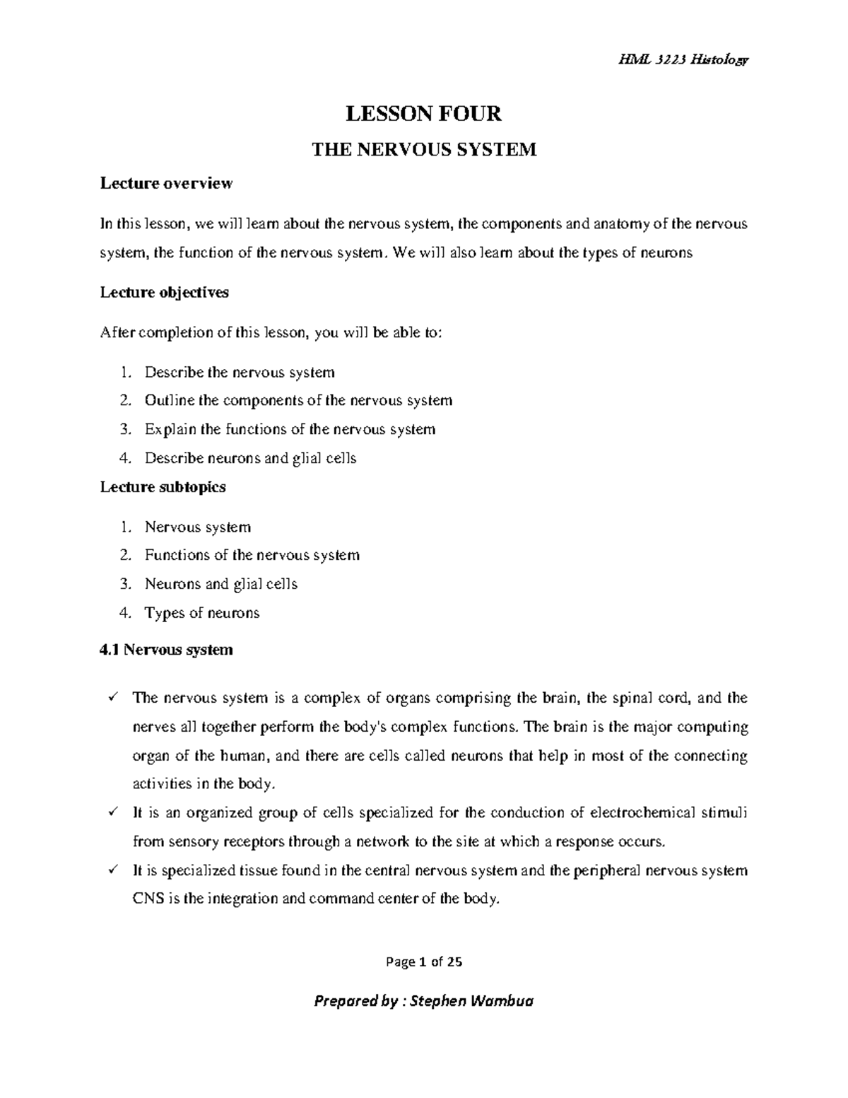 Lesson 4 Nervous Tissue - Page 1 of 25 LESSON FOUR THE NERVOUS SYSTEM ...