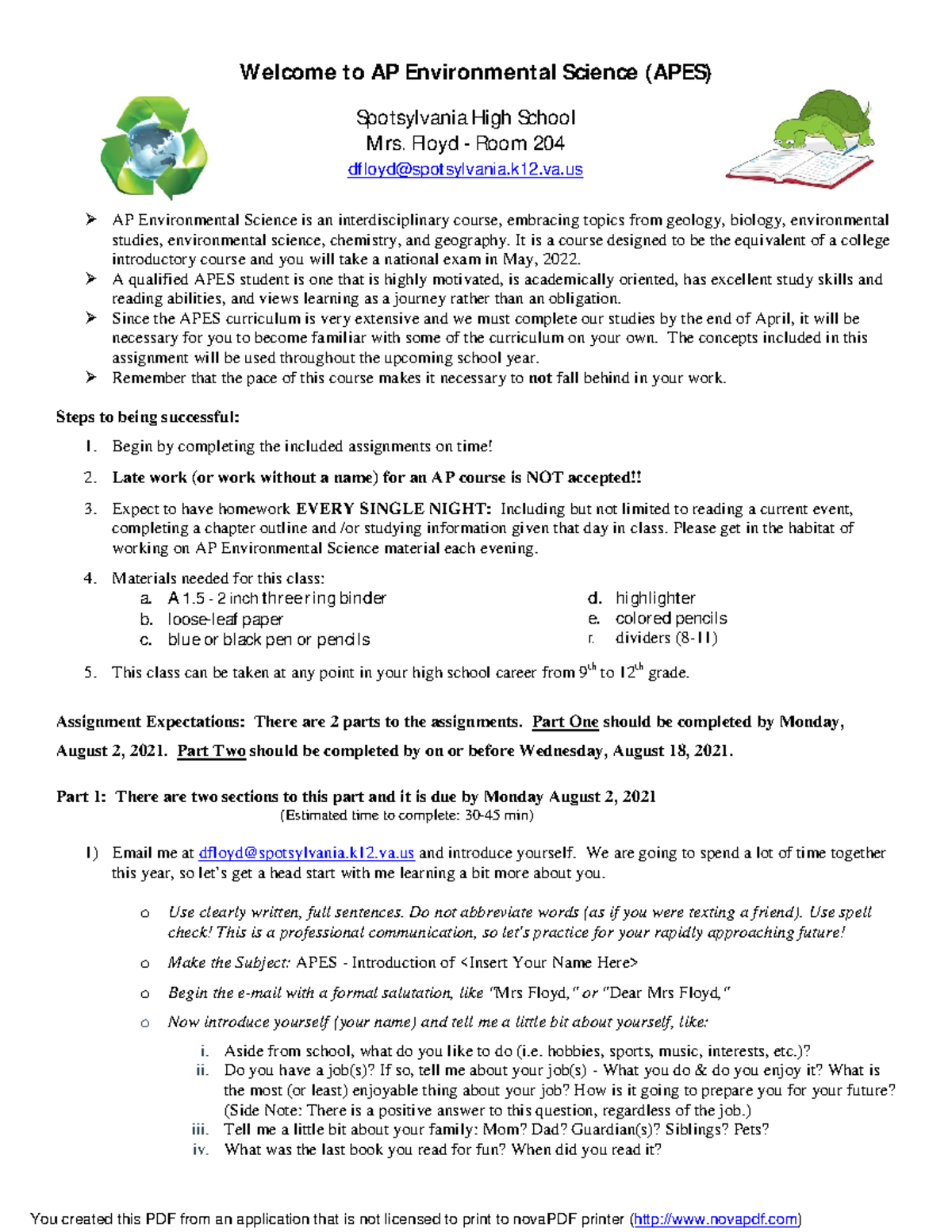 APES Intro Info and Assignment 2021 - Welcome to AP Environmental ...