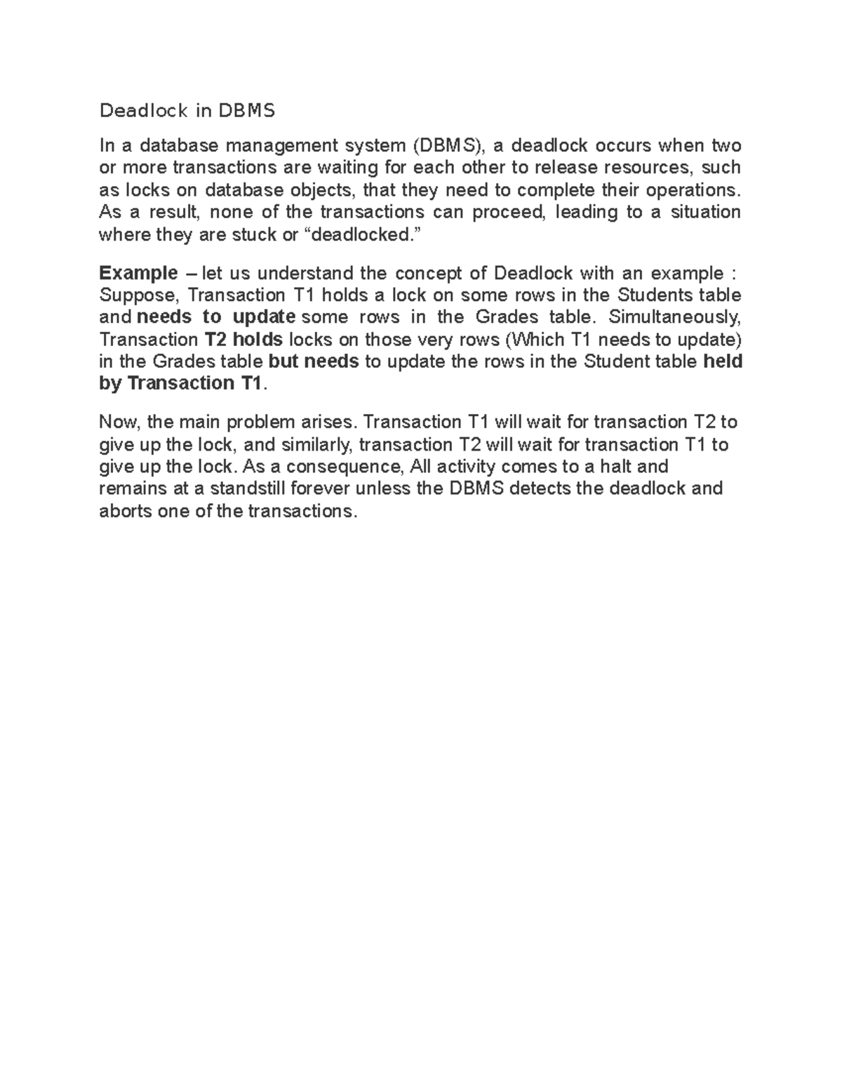 Document dead - Dead lock - Deadlock in DBMS In a database management ...