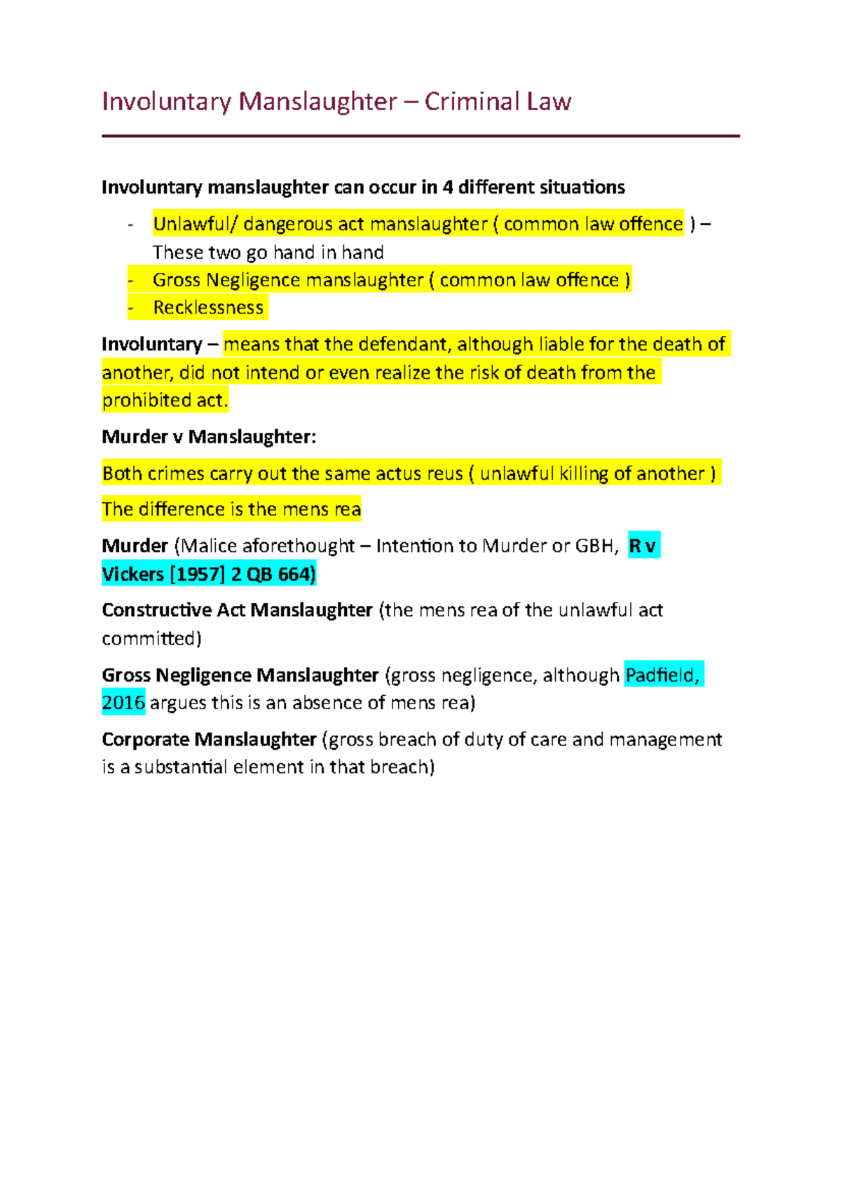 Involuntary Manslaughter - Murder v Manslaughter: Both crimes carry out ...