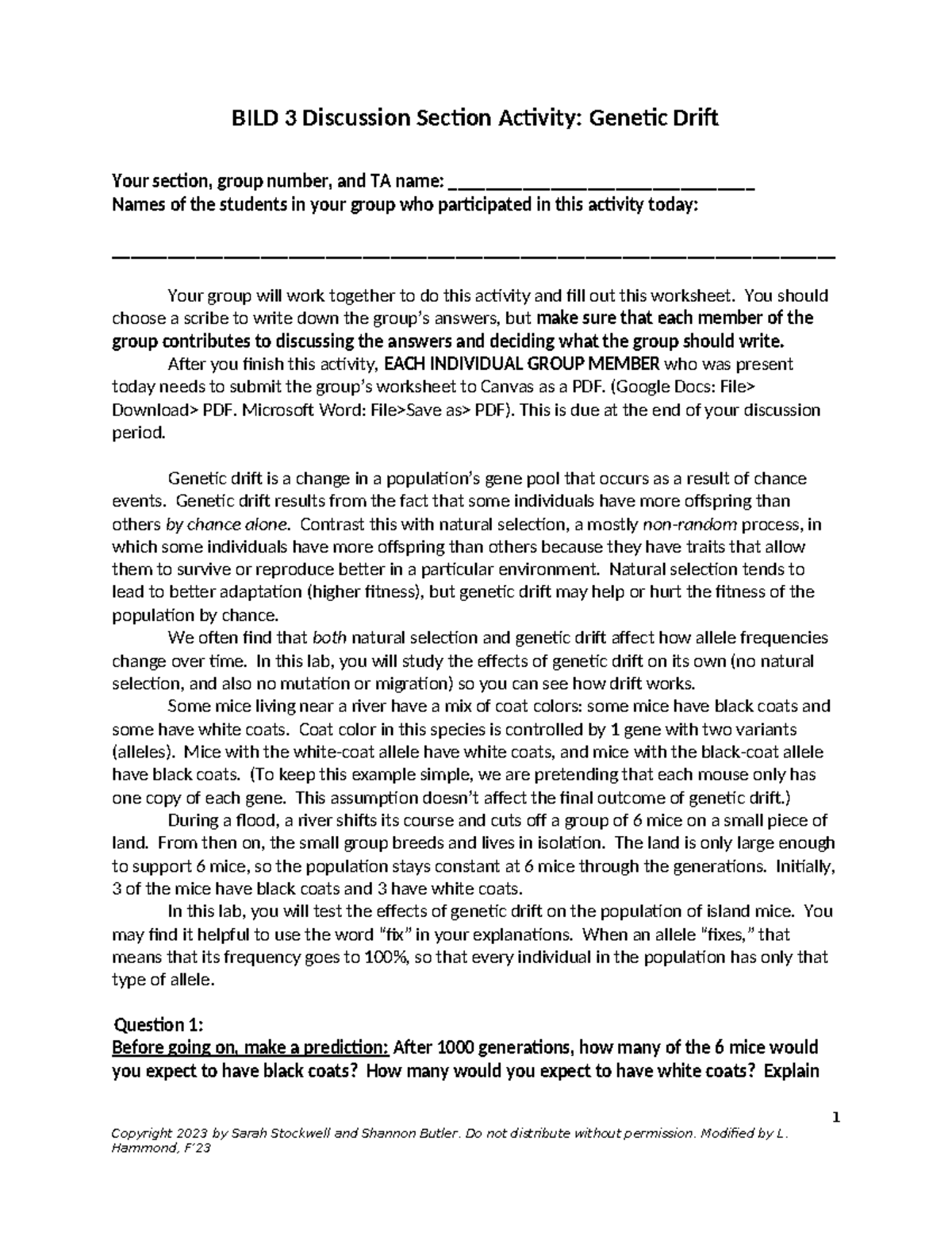 Genetic Drift Worksheet f23 - BILD 3 Discussion Section Activity ...