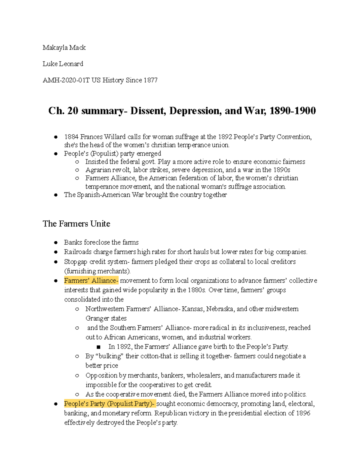 Chapter 20 summary - Makayla Mack Luke Leonard AMH-2020-01T US History ...