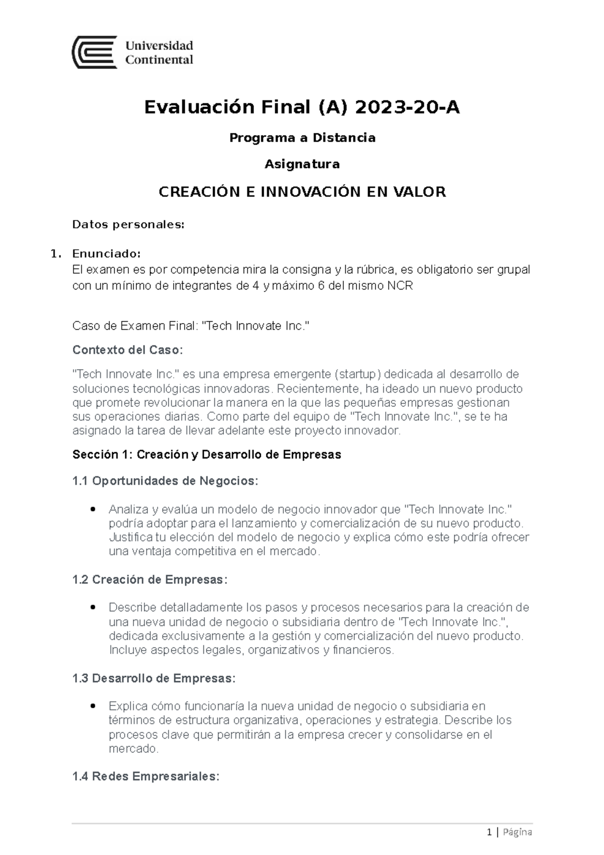 Creación E Innovación - Evaluación Final (A) 2023-20-A Programa a Distancia Asignatura CREACIÓN ...