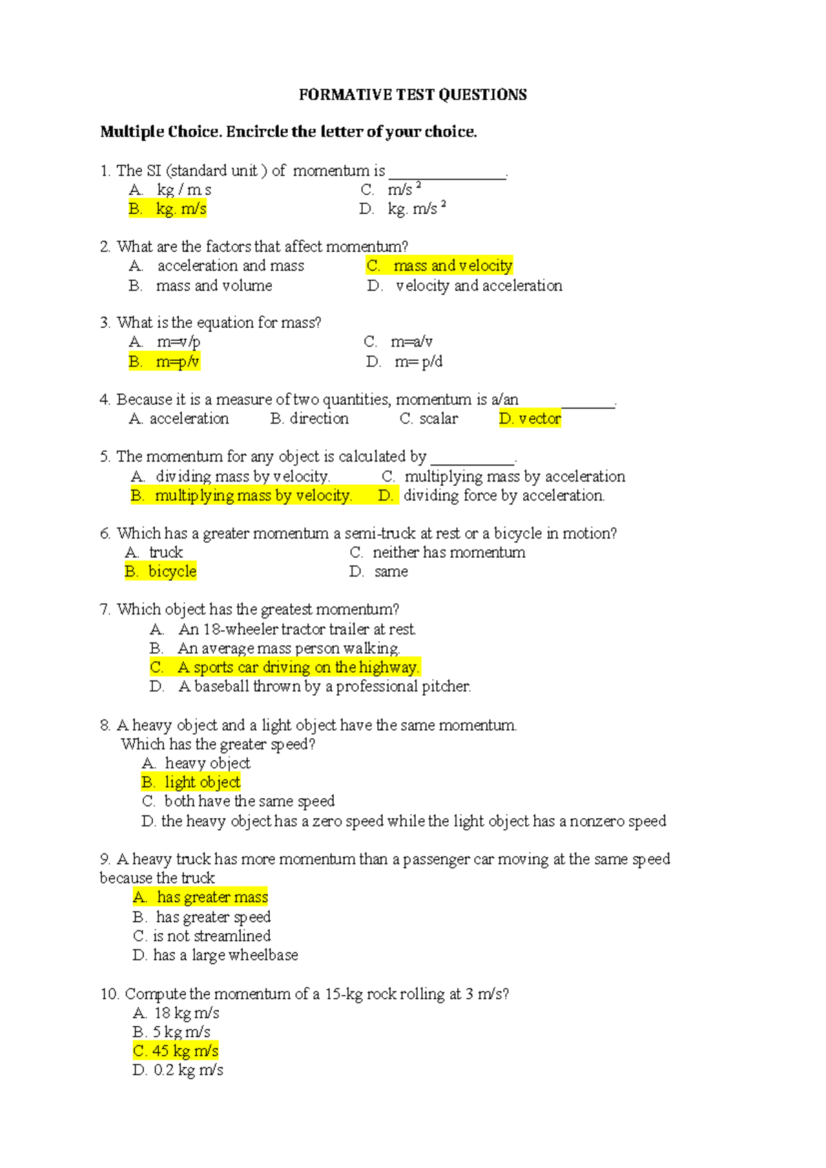 Formative TEST Questions - FORMATIVE TEST QUESTIONS Multiple Choice ...