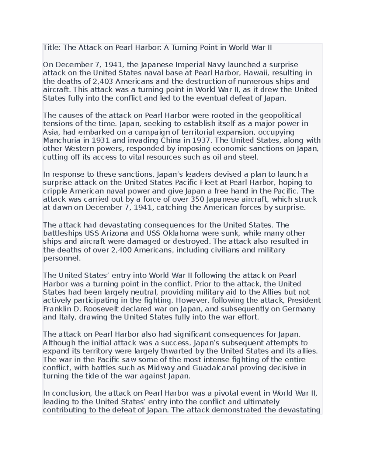 The Attack on Pearl Harbor - A Turning Point in World War II - Title ...