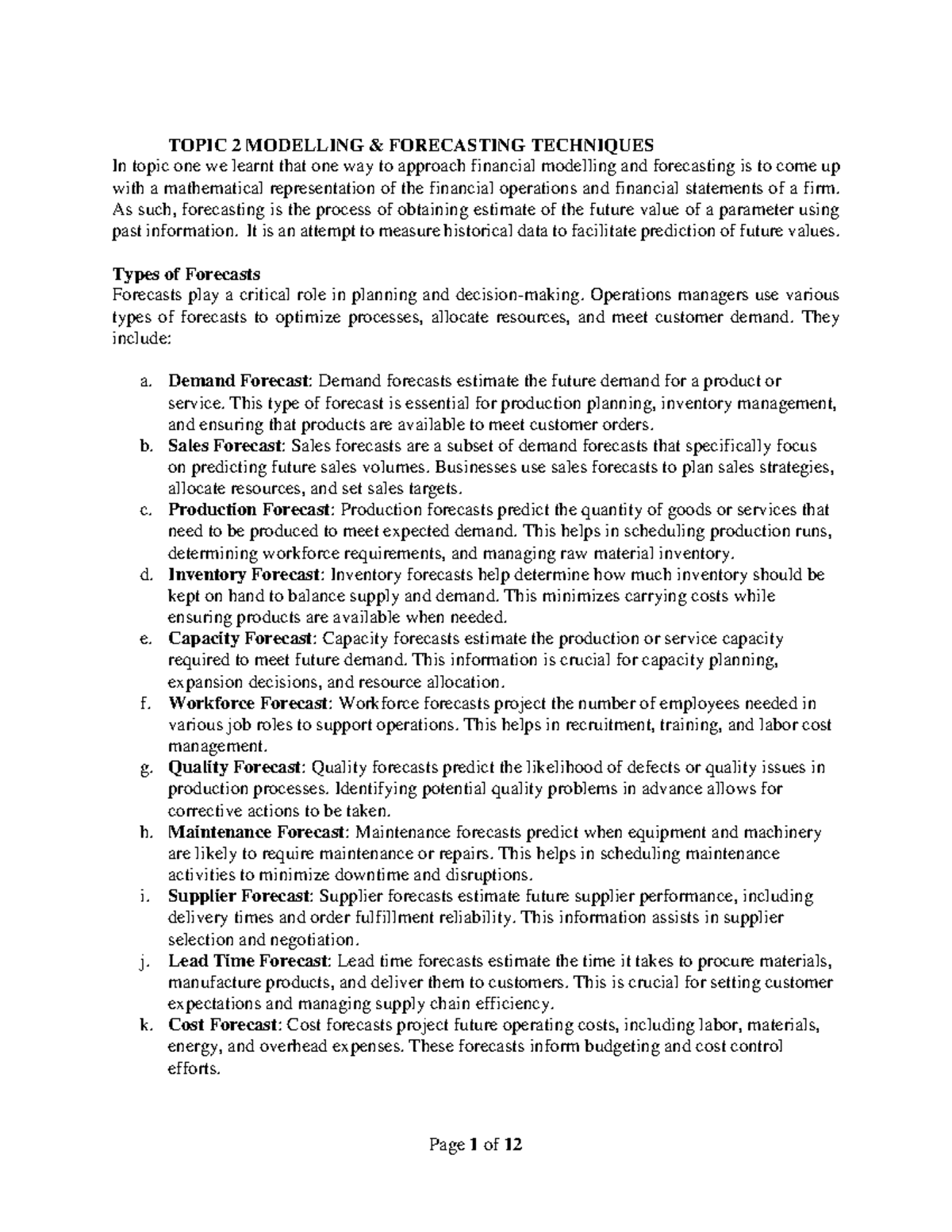 Topic 2 Modelling - Well organised - TOPIC 2 MODELLING & FORECASTING ...