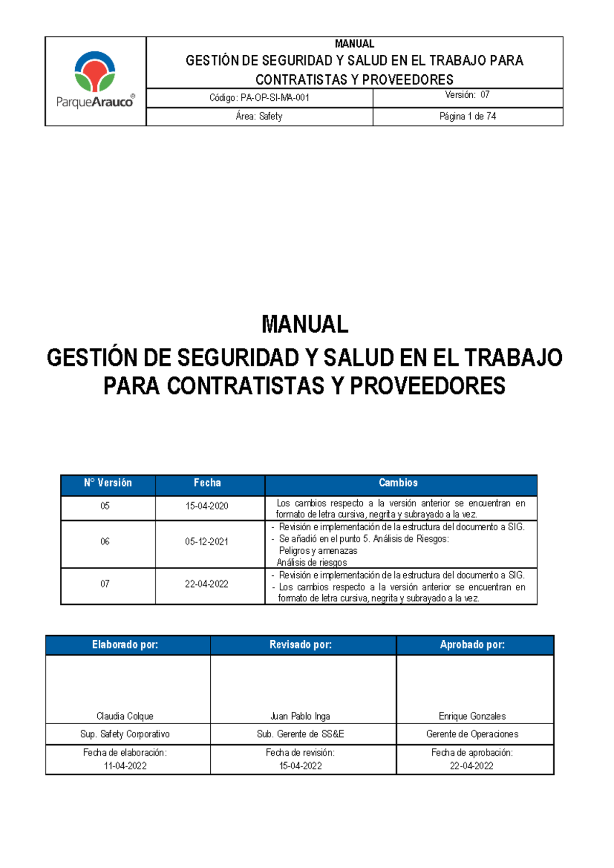 PA-OP-SI-001 Manual de Gestión de SST para Contratistas v7 - GESTI”N DE SEGURIDAD Y SALUD EN EL ...