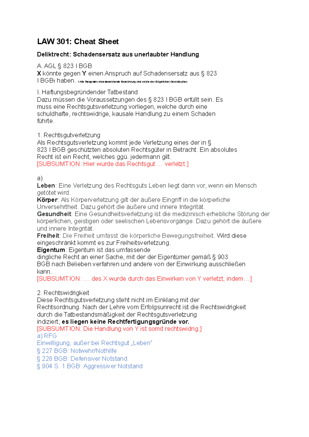 LAW 301 Cheat Sheet - Musterfälle Definitionen zum C&P - LAW 301: Cheat Sheet Deliktrecht: - Studocu