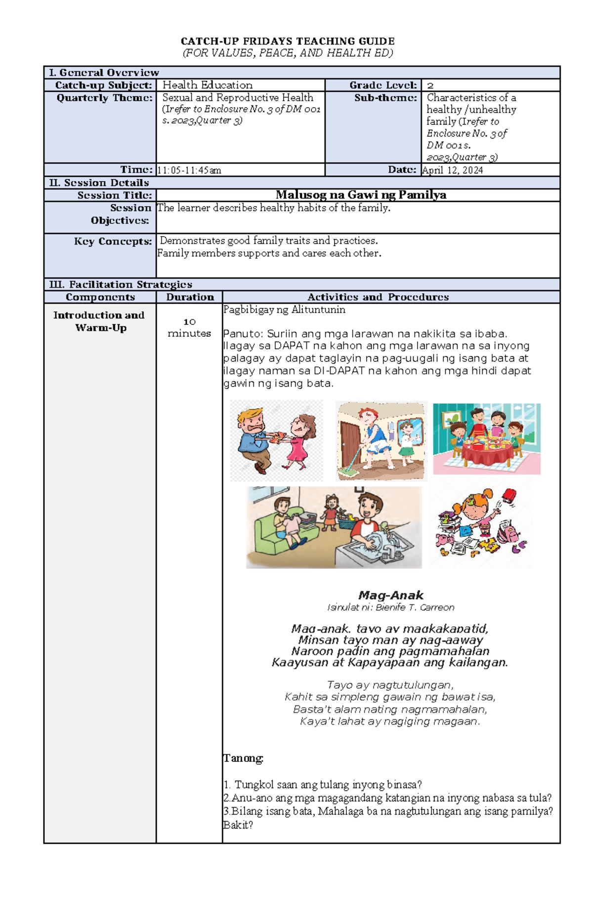 Grade 2- Health Education Catch-UP Friday - (FOR VALUES, PEACE, AND ...