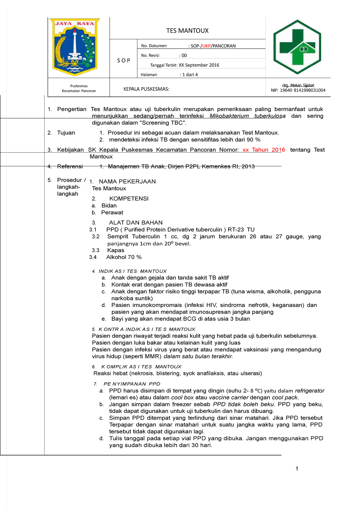Pdf-sop-test-mantoux - 1 No. Dokumen : SOP-/UKP/PANCORAN No. Revisi ...