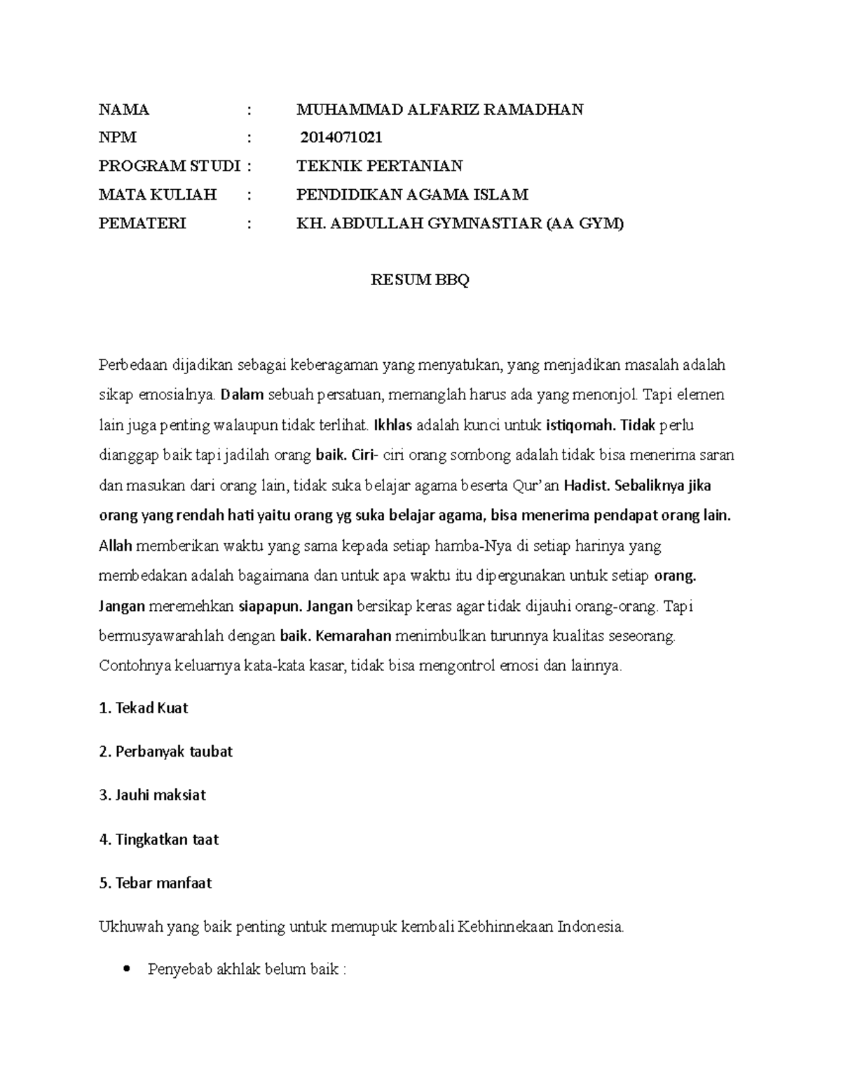 RESUME PENDIDIKAN AGAMA ISLAM - NAMA : MUHAMMAD ALFARIZ RAMADHAN NPM : 2014071021 PROGRAM STUDI ...