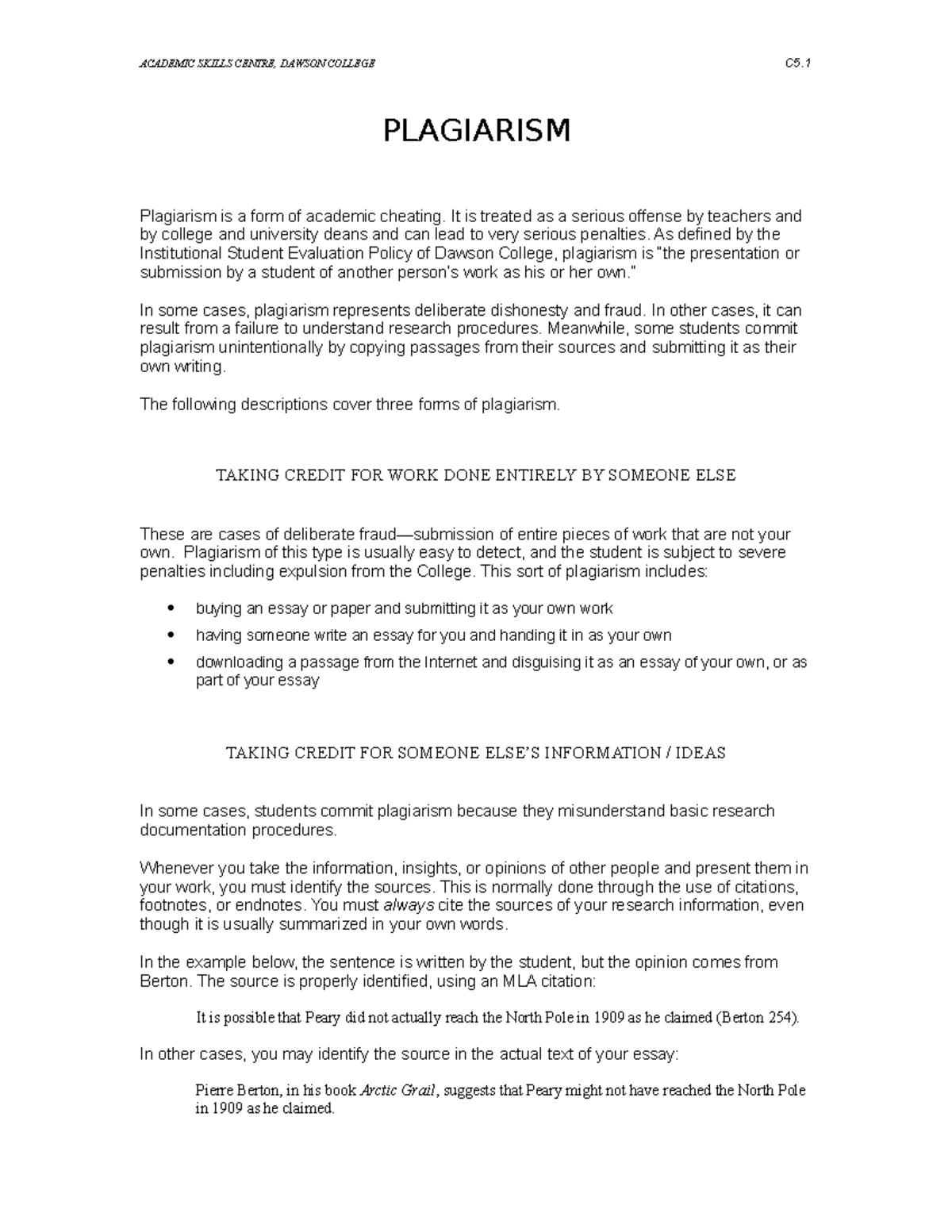 C5.1 plagiarism - notes - ACADEMIC SKILLS CENTRE, DAWSON COLLEGE C5 ...