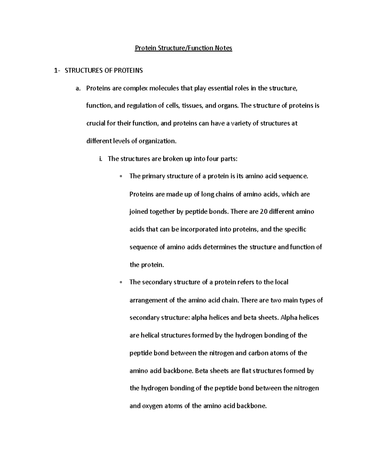 Protein Structure and Function Notes - Protein Structure/Function Notes ...