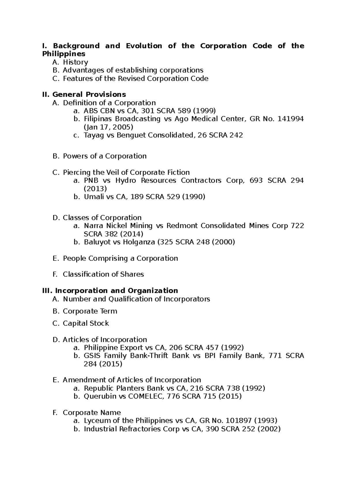 I. Background and Evolution of the Corporation Code of the Philippines ...