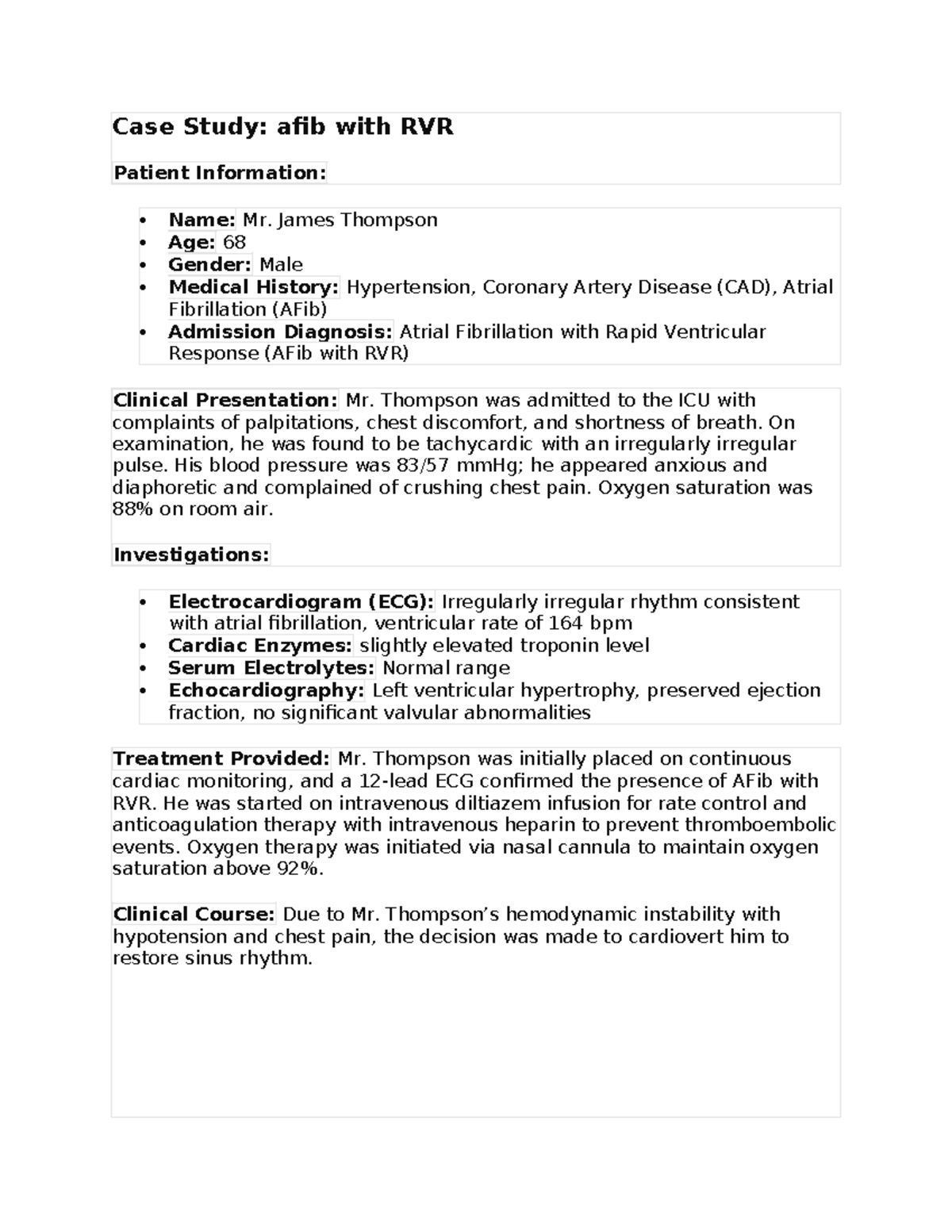 Case Study Afib - N/A - Case Study: afib with RVR Patient Information ...