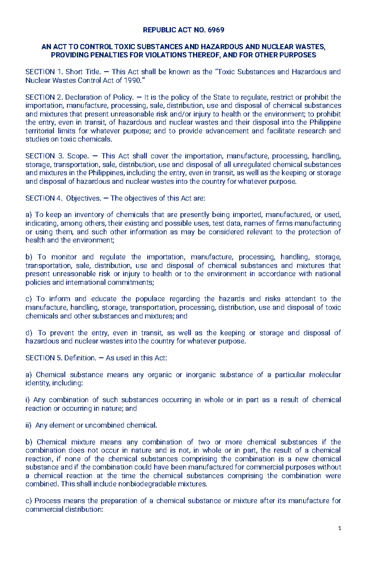 Republic ACT NO 6969 - Reliable - REPUBLIC ACT NO. 6969 AN ACT TO ...