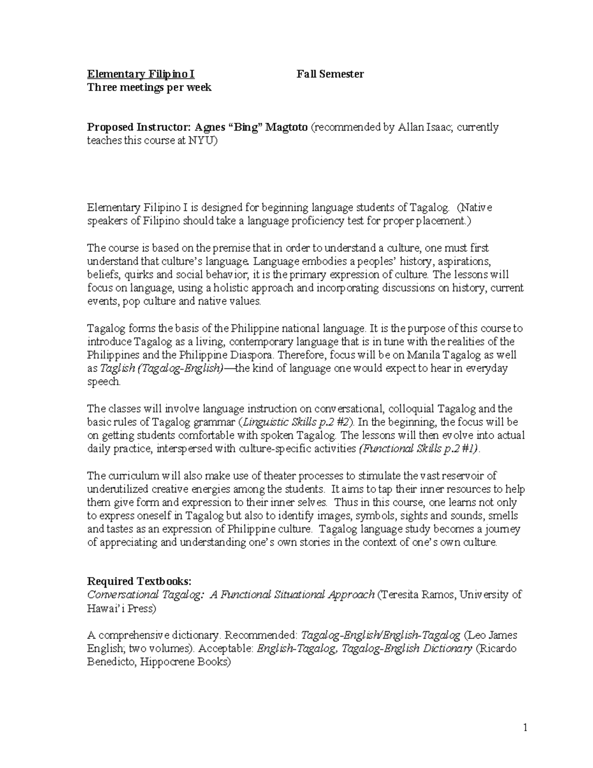 098101 Syl - no. - Elementary Filipino I Fall Semester Three meetings ...