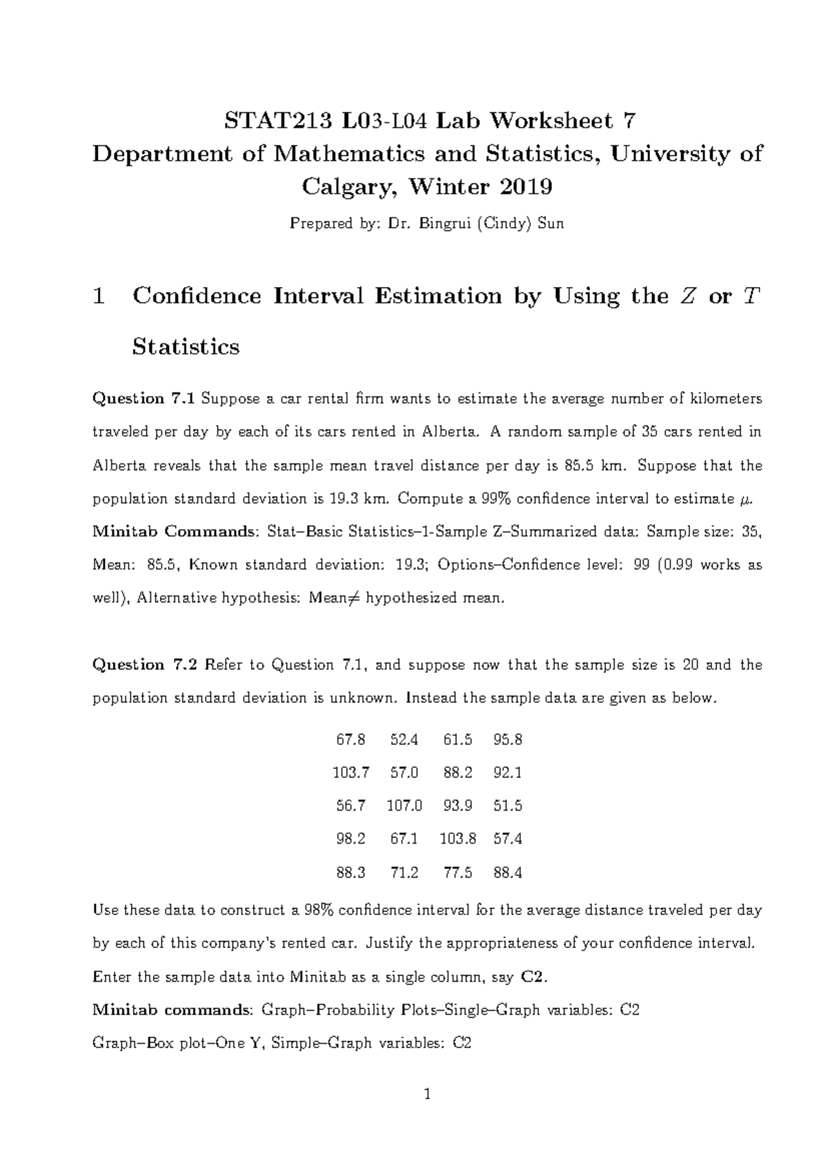 Lab 7 Worksheet 1 - Lab 7 Answers - STAT213 Lab Worksheet 7 Department ...