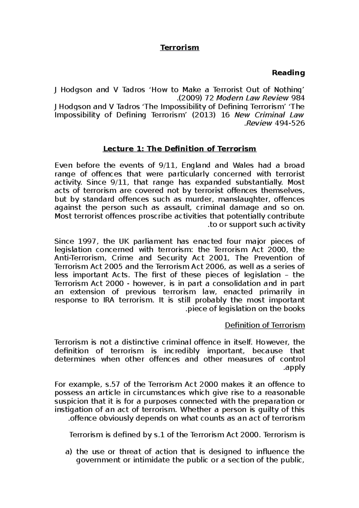 Terrorism Lecture Handout Week 5 - Terrorism Reading J Hodgson and V ...