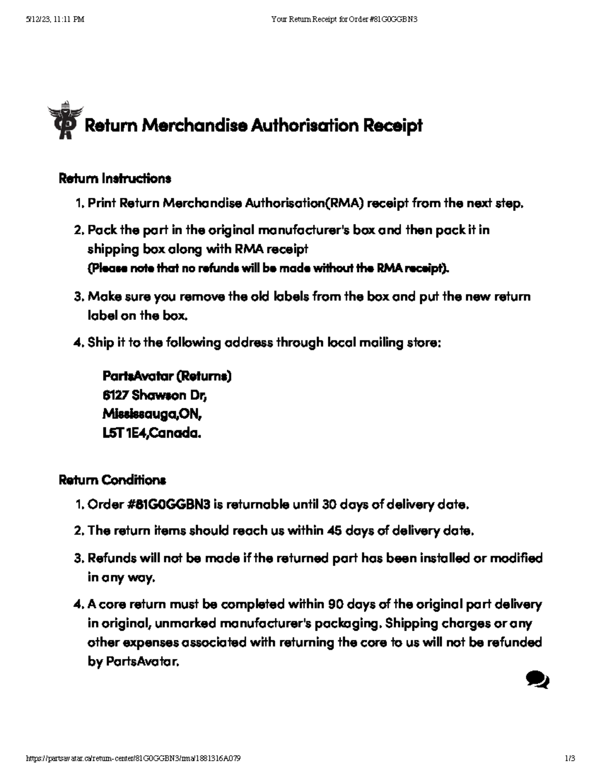 Return - Notes - 5/12/23, 11:11 PM Your Return Receipt for Order ...