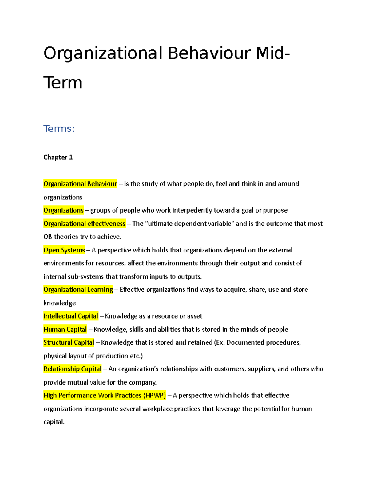 OB Mid-Term Review - Organizational Behaviour Mid- Term Terms: Chapter ...
