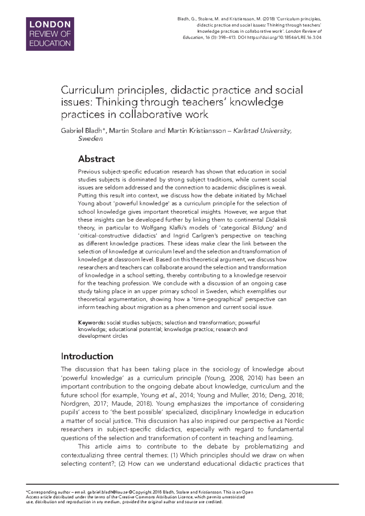 Lre-2803-bladh - Bladh, G., Stolare, M. and Kristiansson, M. (2018) ‘Curriculum principles ...