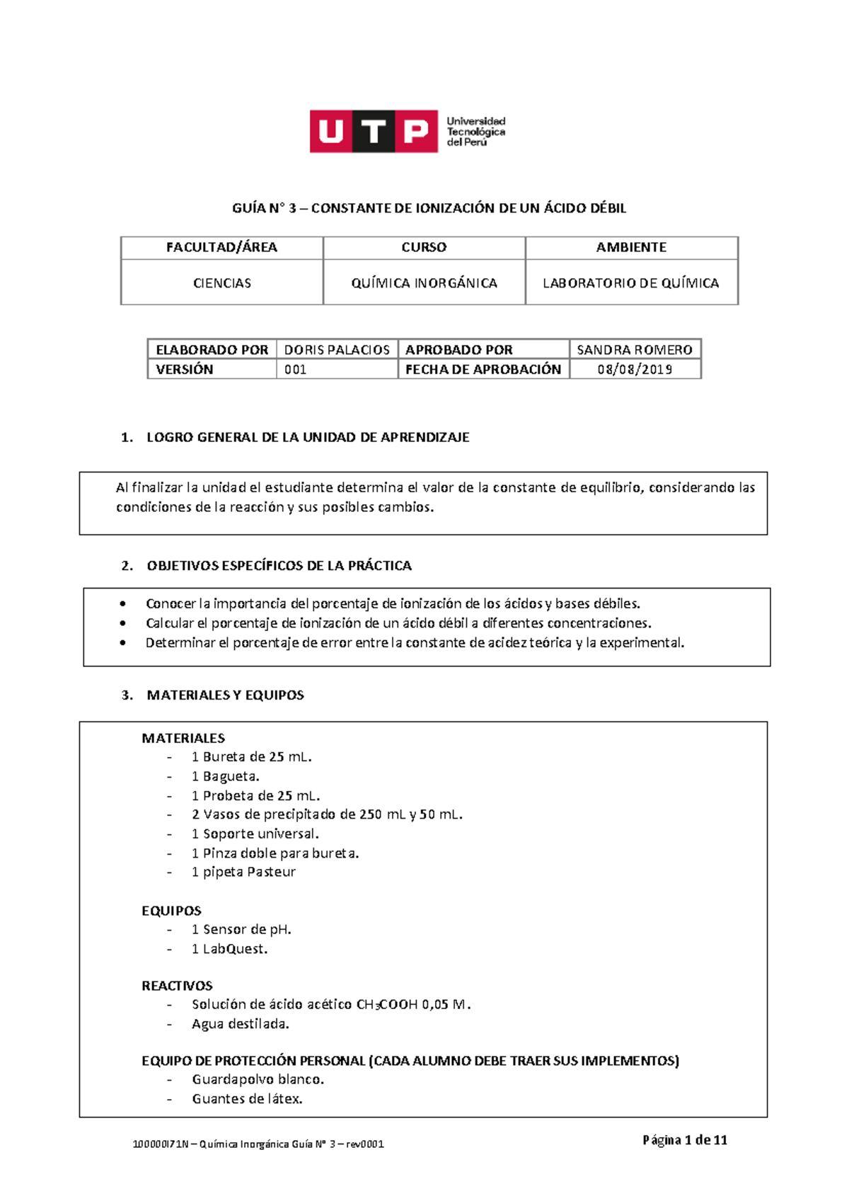 100000 L12Q -GUIA N°3- Labquimi 01- Constante DE Ionizacion DE UN Acido Debil - Página 1 de 11 ...