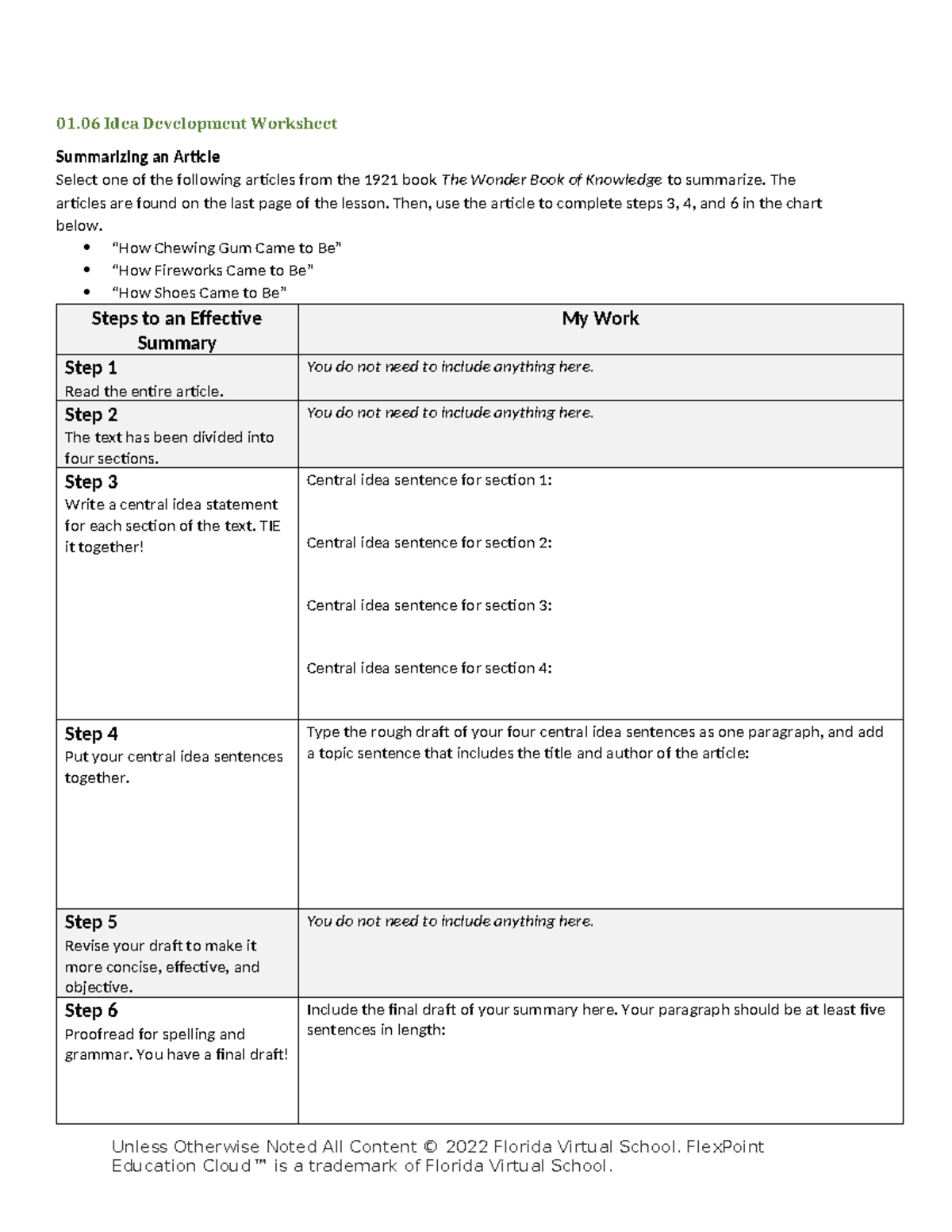 01 06 worksheet - plain sheet - 01 Idea Development Worksheet ...