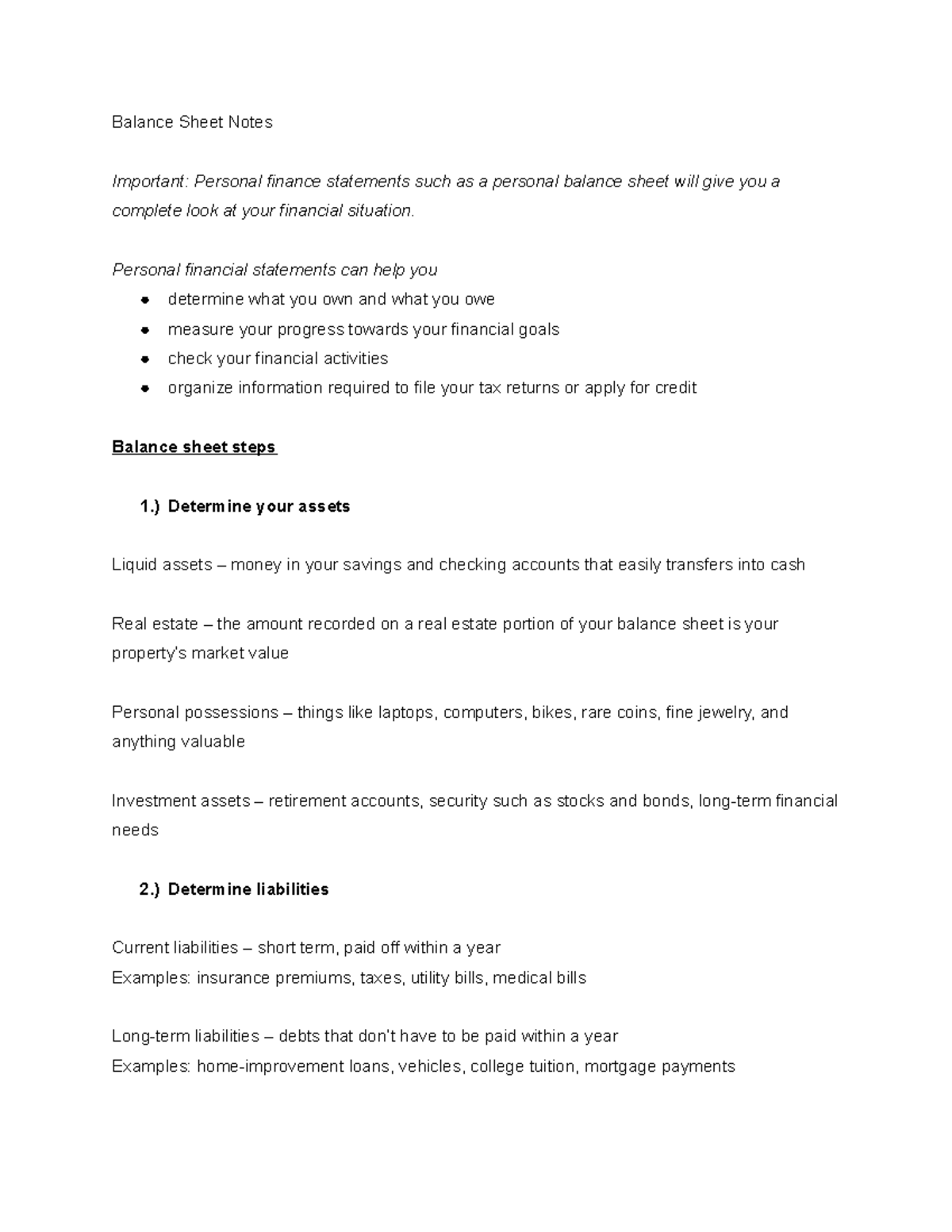 Balance Sheet Notes - Balance Sheet Notes Important: Personal finance ...