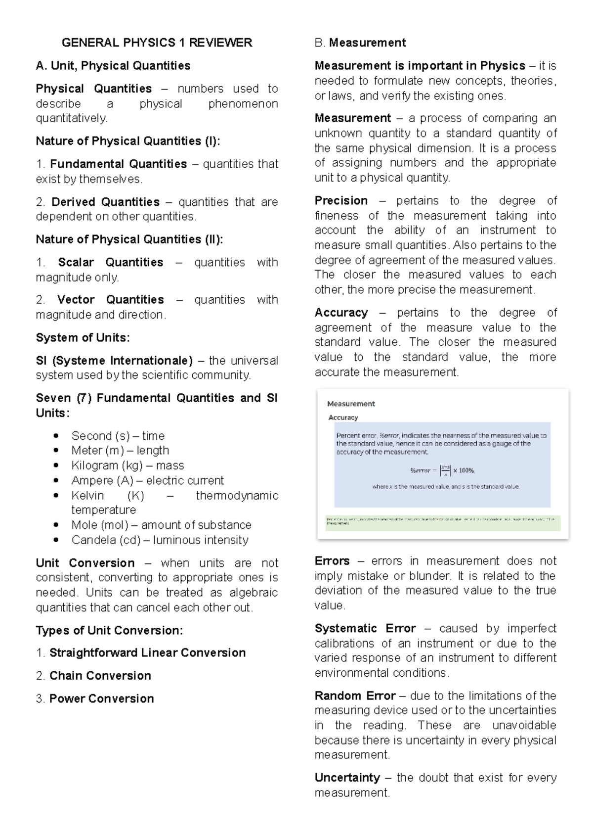 General Physics 1 Reviewer - GENERAL PHYSICS 1 REVIEWER A. Unit ...
